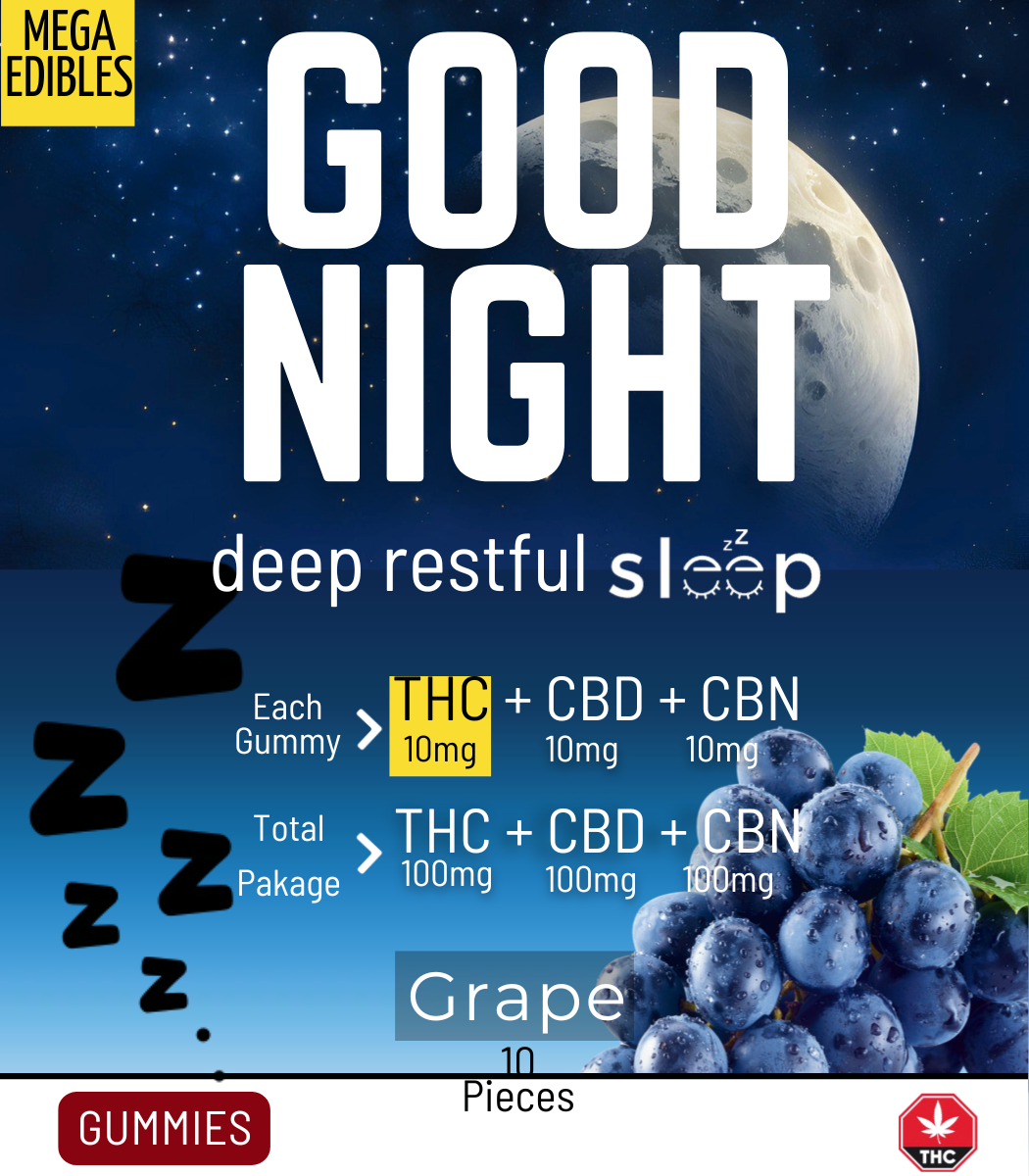 Mega Good Night Gummies – Grape – THC 100mg, CBD 100mg, CBN 100mg (10 ...